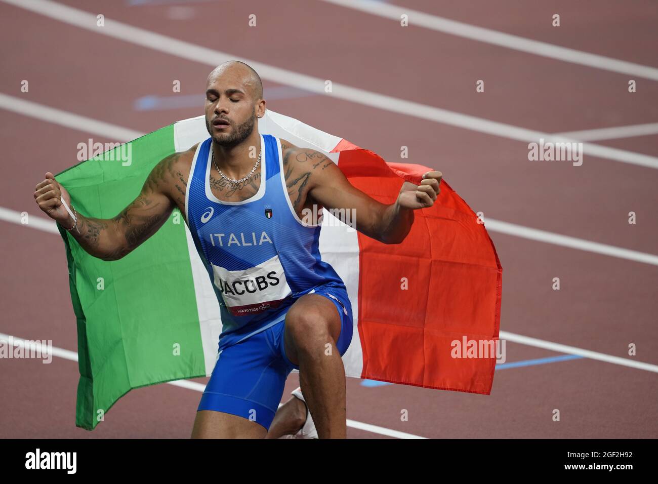 Marcell Jacobs celebrating his 100 meter triumph at the 2020 Tokyo ...