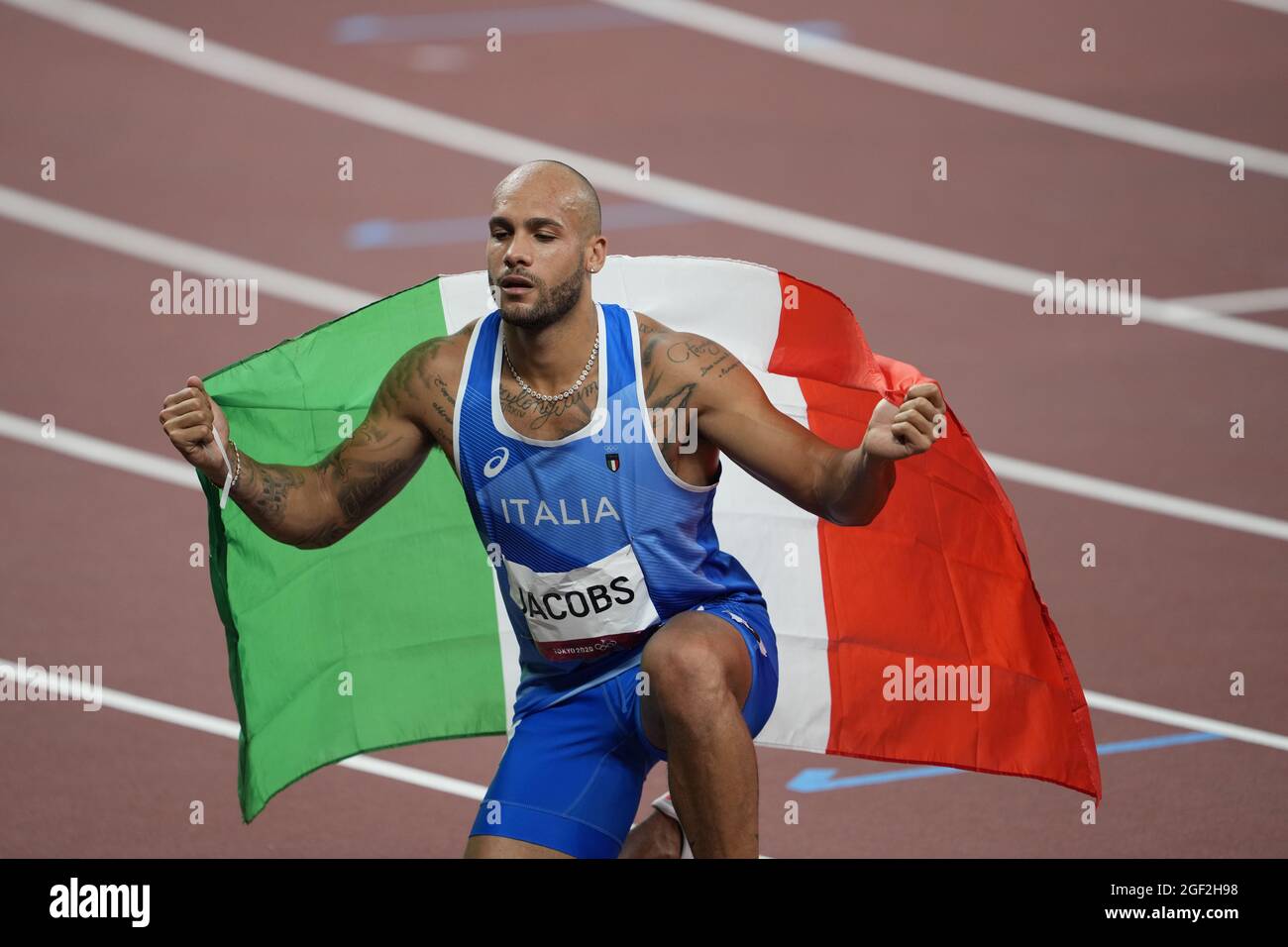 Marcell Jacobs celebrating his 100 meter triumph at the 2020 Tokyo ...