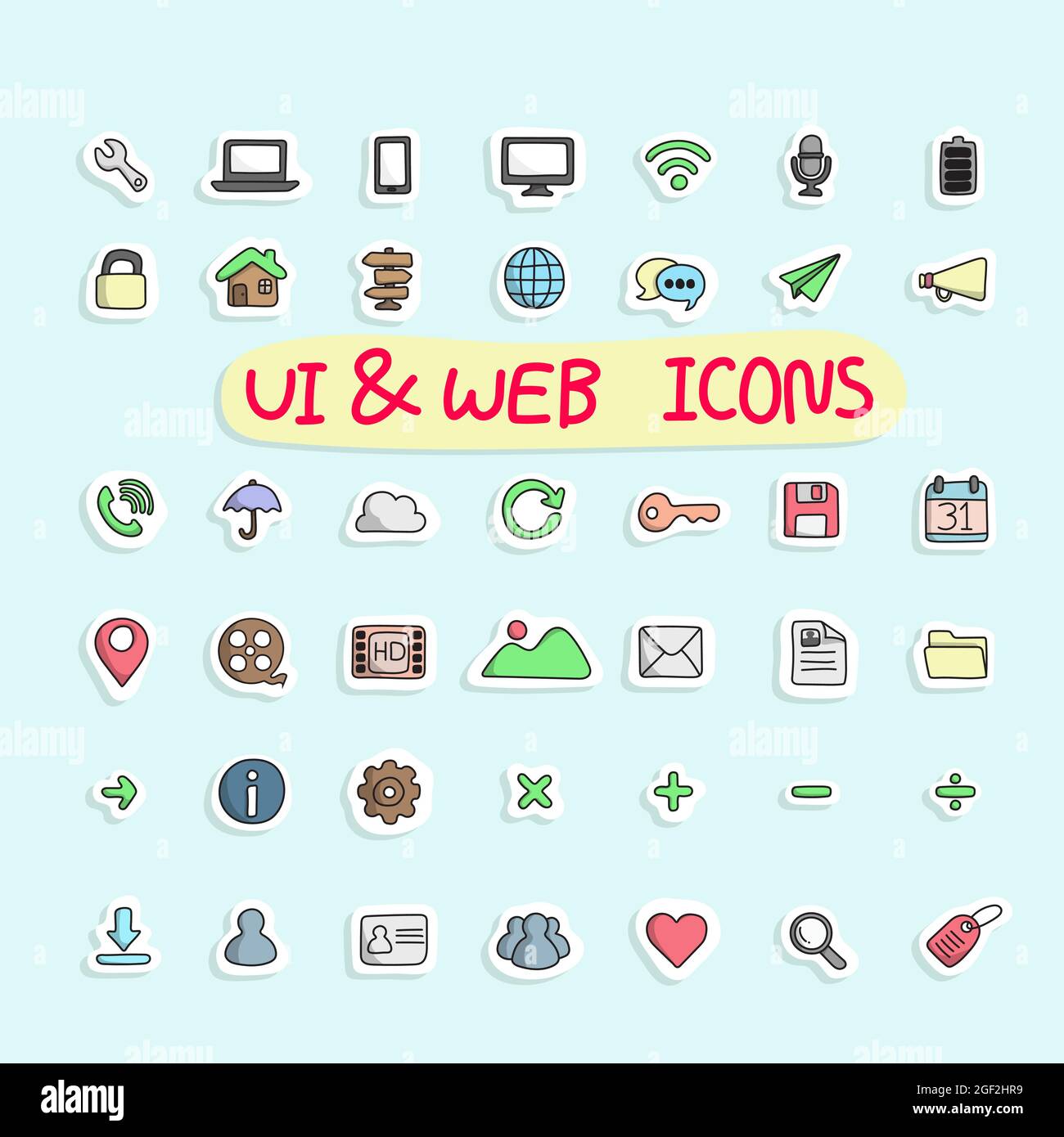 sticker design icon set of ui and internet vector illustration hand ...