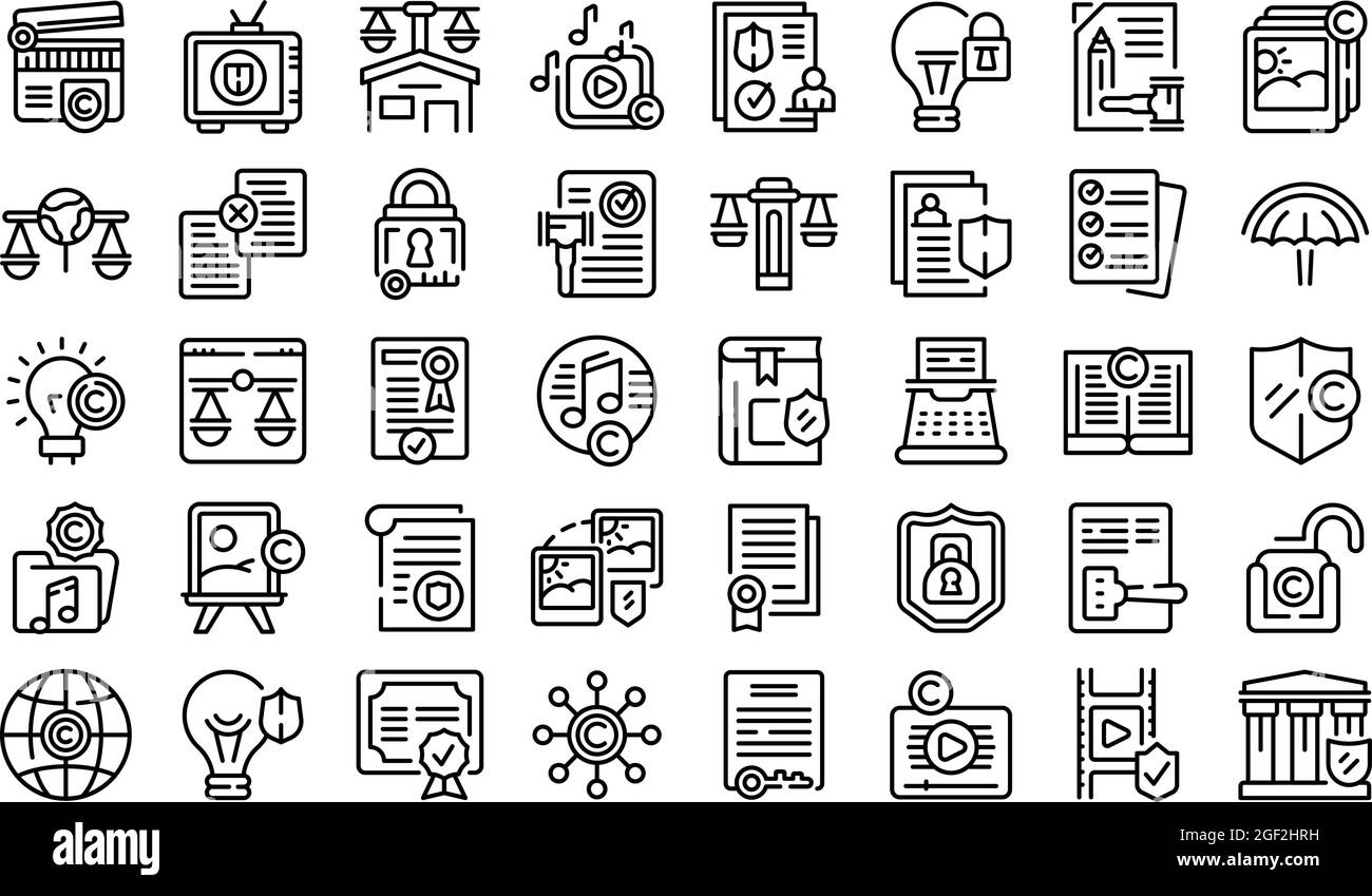 Copyright law icons set outline vector. Author contract. Commercial ...