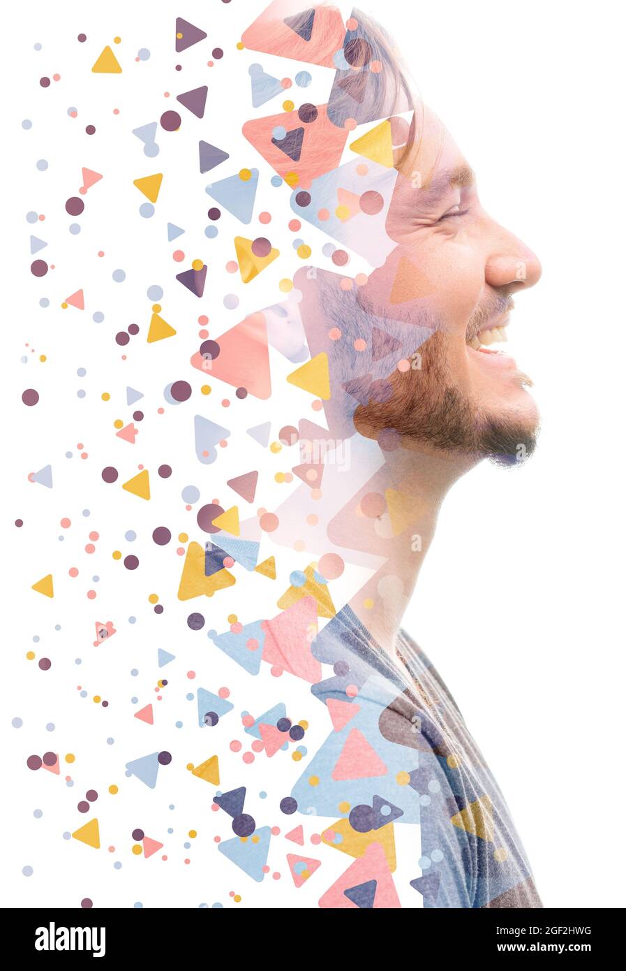 Colorful abstract geometric shapes combined with a portrait of laughing ...