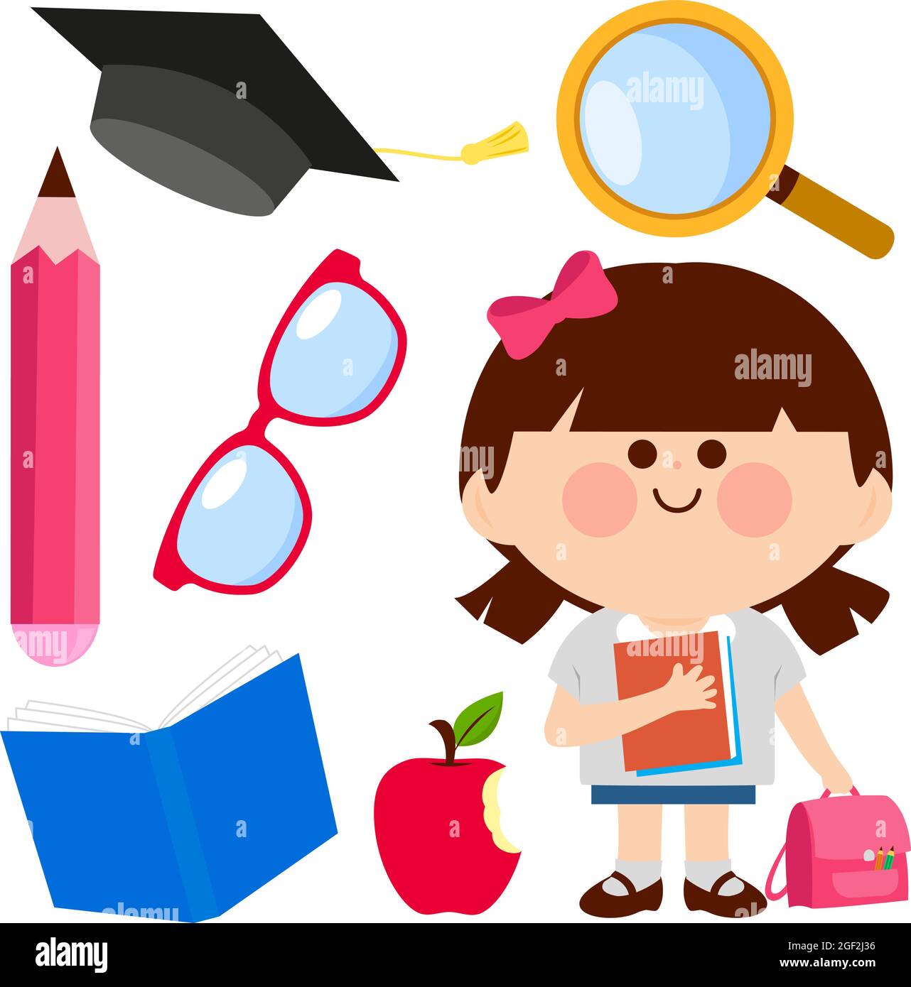 Student girl and set of school objects. Vector illustration Stock ...