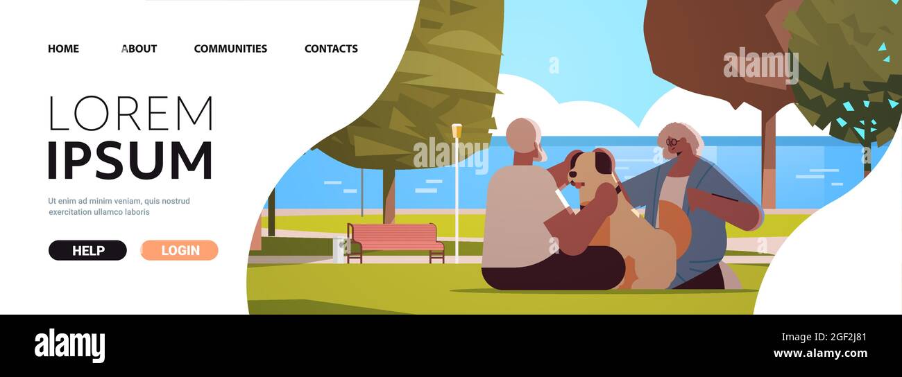 senior couple spending time with dog in urban park relaxation ...