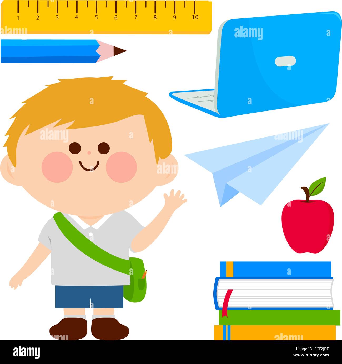 Student boy and set of school objects. Vector illustration Stock Vector ...