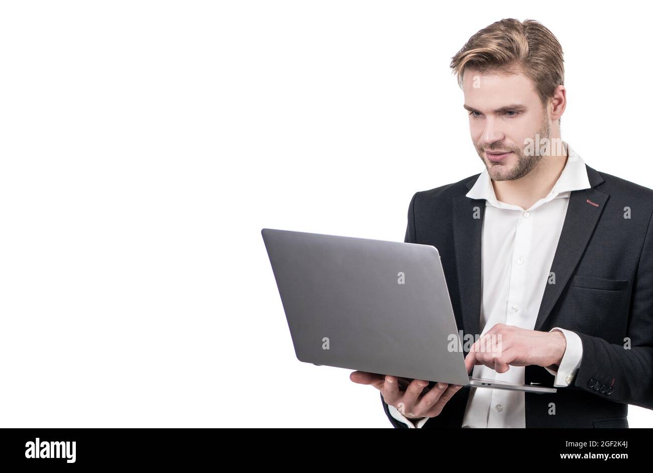 Digital professional man use laptop for running business online copy space, e-business Stock ...