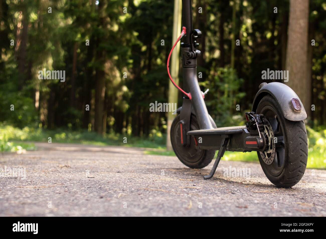 Electric scooter on a green forest background close up Stock Photo - Alamy