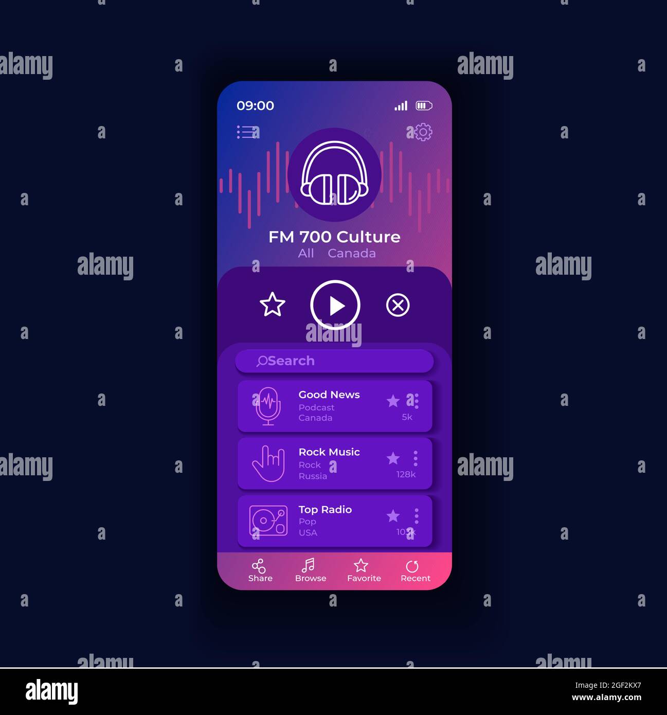 Radio appliation night smartphone interface vector template Stock ...