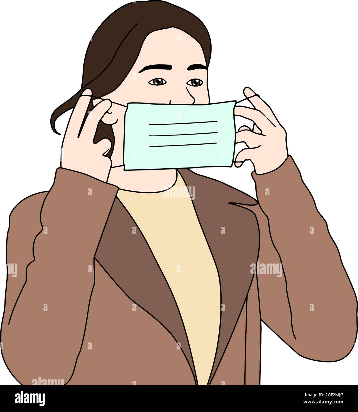 Illustration of a woman putting on a mask isolated on a white ...