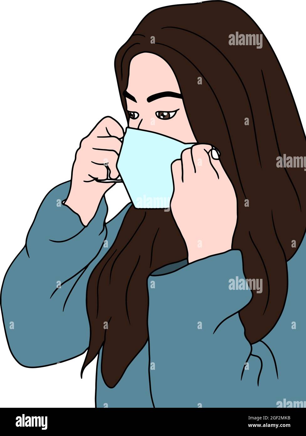 Illustration of a woman putting on a mask isolated on a white ...