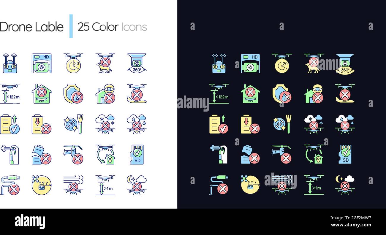Drone usage light and dark theme RGB color manual label icons set Stock ...