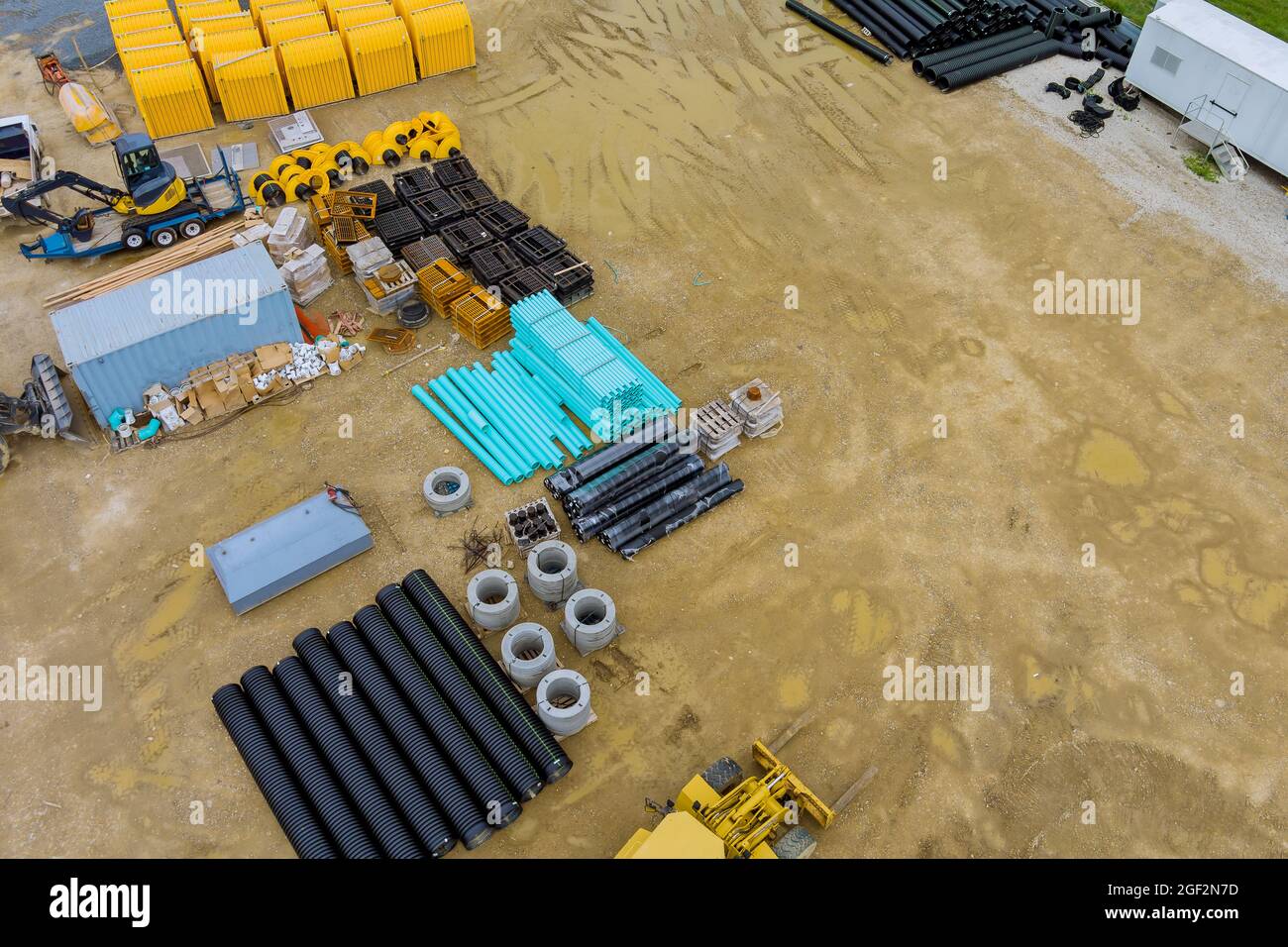 Preparation for installation works the plastic PVC pipes lying ground ...