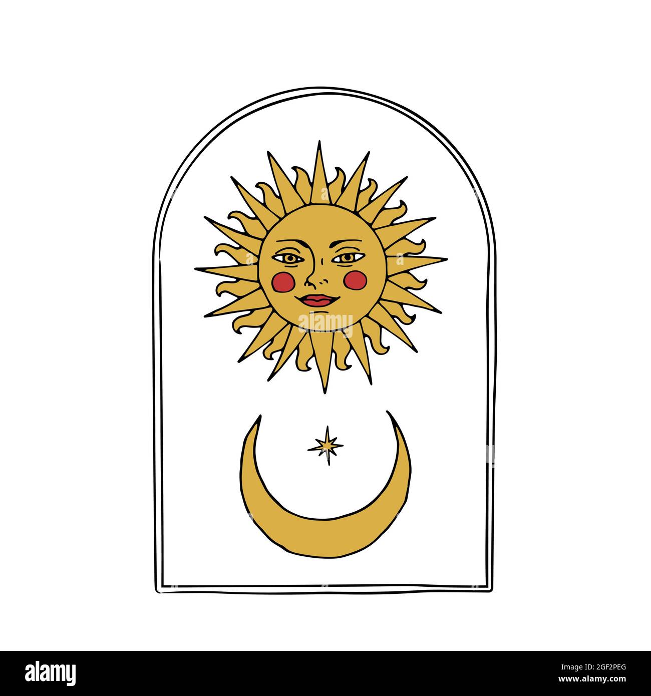 Vintage Mystic Sun and half Moon illustration with decorative arch ...