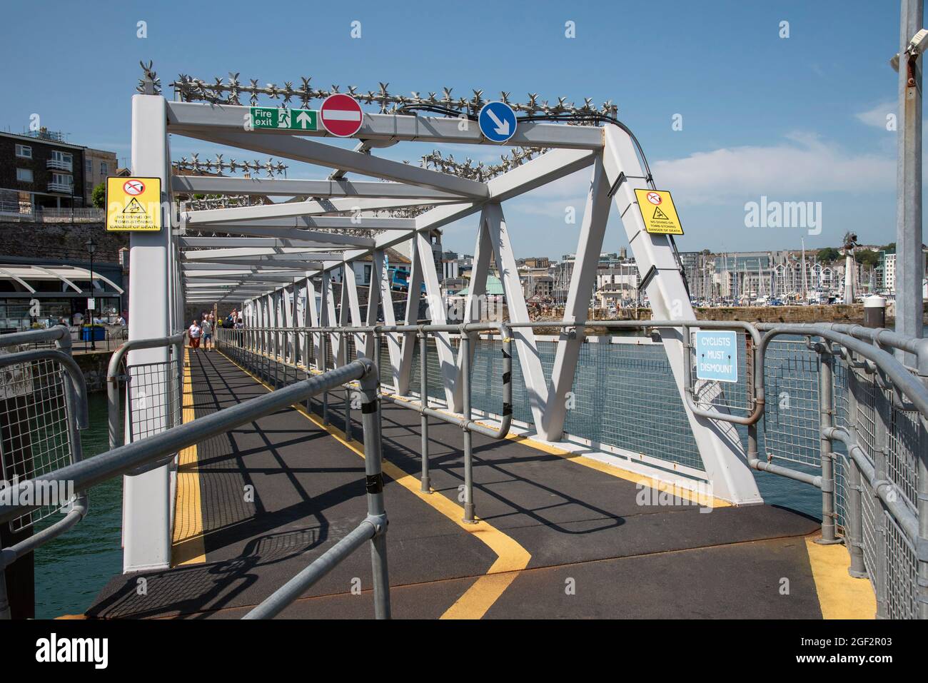 Plymouth, Devon, England, UK. 2021. Pedestrian two way metal linkspan ...