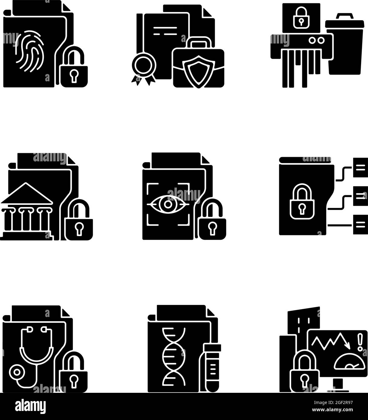 Confidential information types black glyph icons set on white space ...