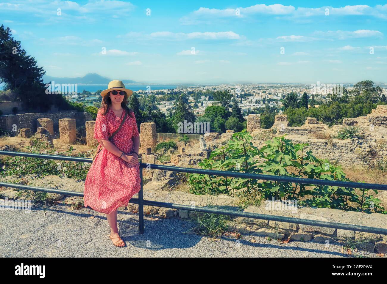 woman tourist near the ruins of Hannibal house in Carthage ...