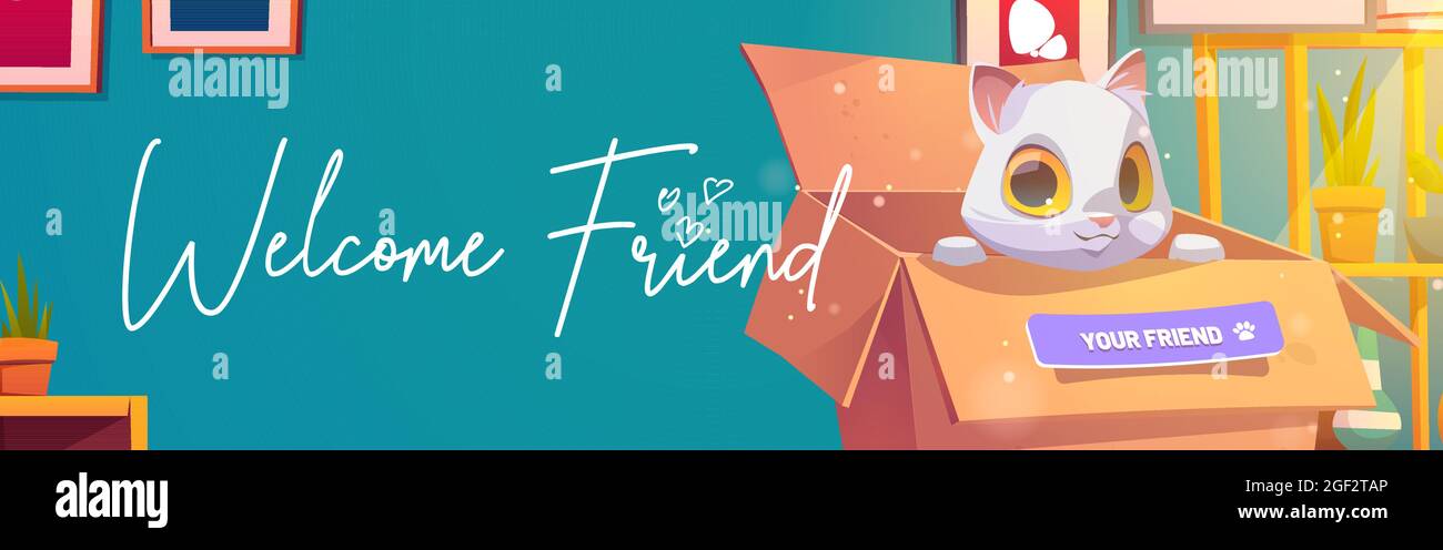 Welcome friend poster with cat in cardboard box Stock Vector Image ...