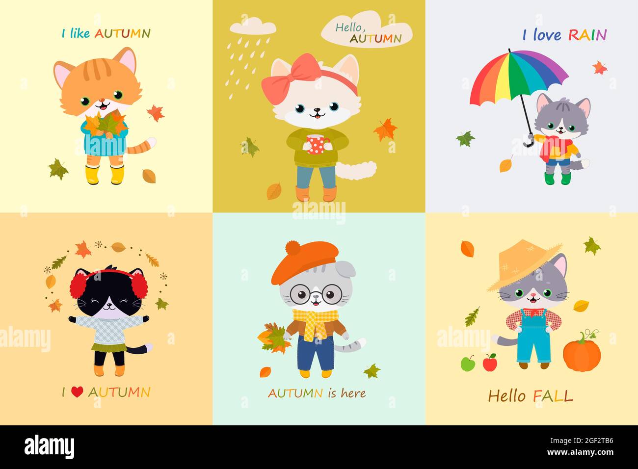 Set of posters with cute cats. Autumn clipart. Cartoon flat style ...