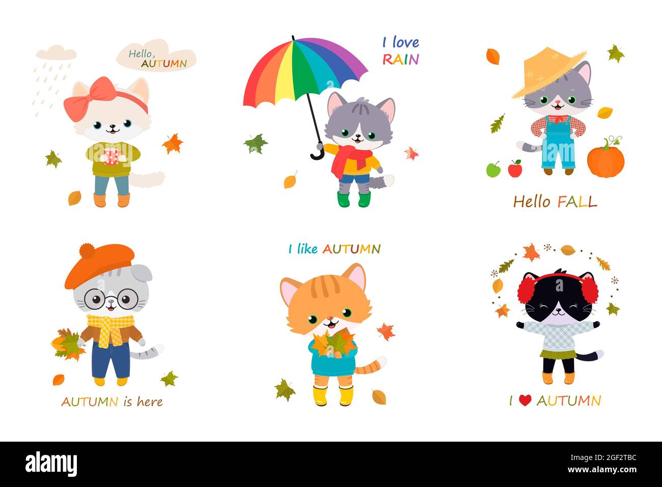 Set of posters with cute cats. Autumn clipart. Cartoon flat style ...