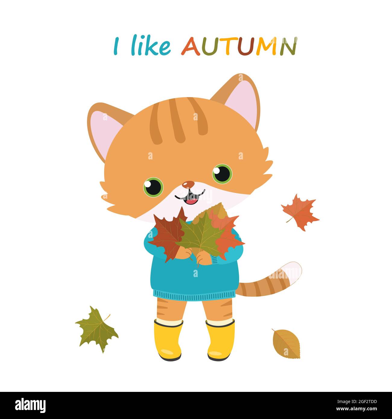 Greeting card I like Autumn. Cute ginger cat with leaves. Vector ...