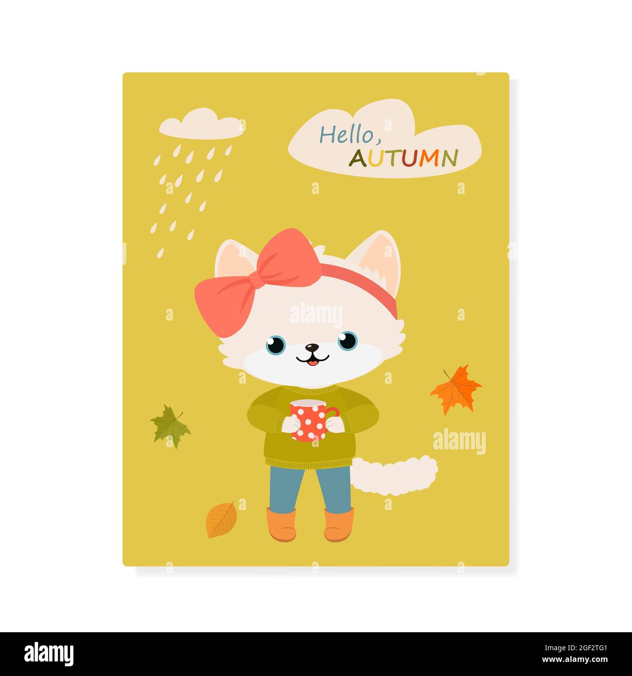 Greeting card Hello, Autumn. Cute white kawaii cat with cup. Cartoon ...