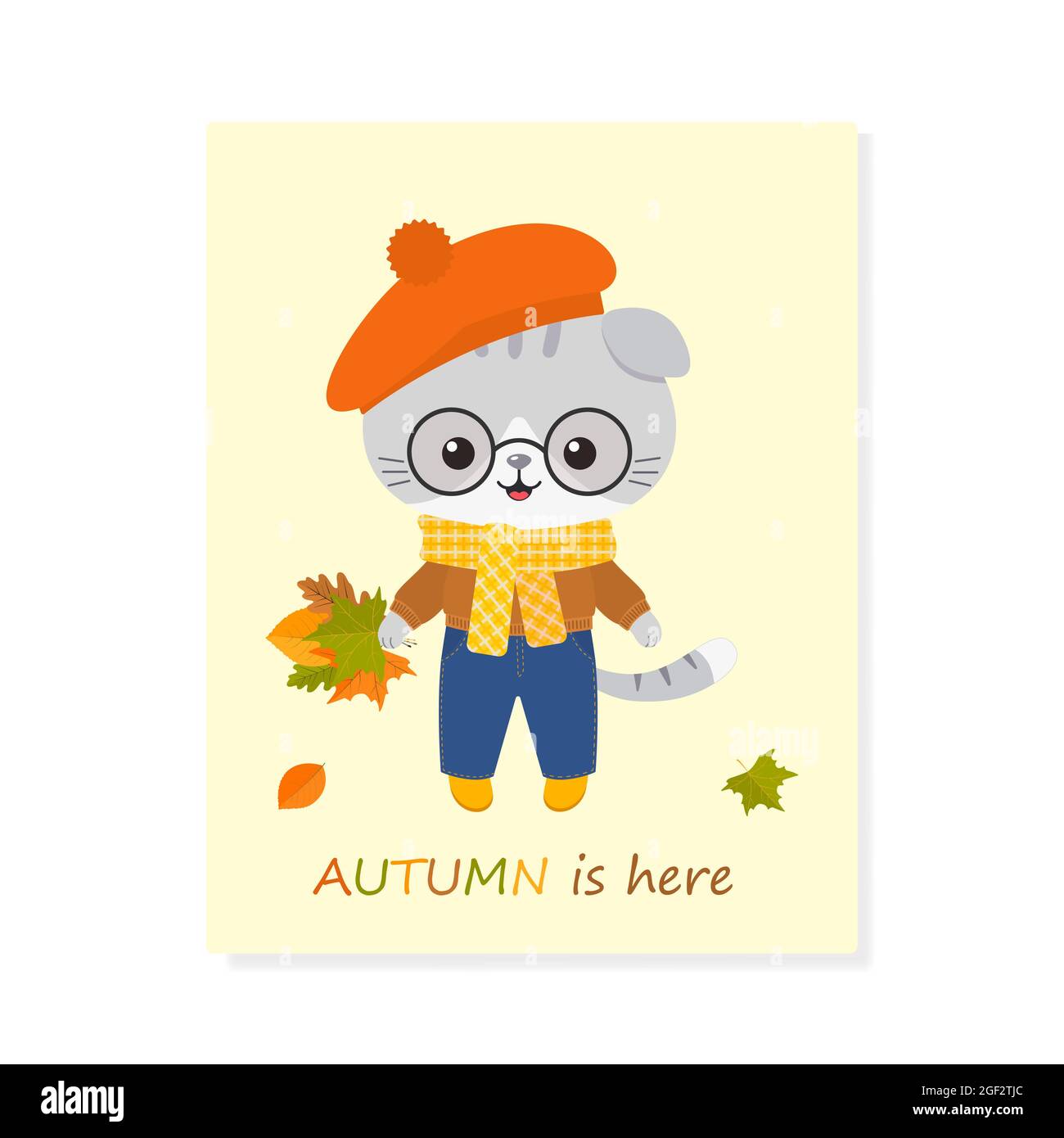 Cute cat with leaves. Greeting card Autumn is here. Cartoon flat style ...