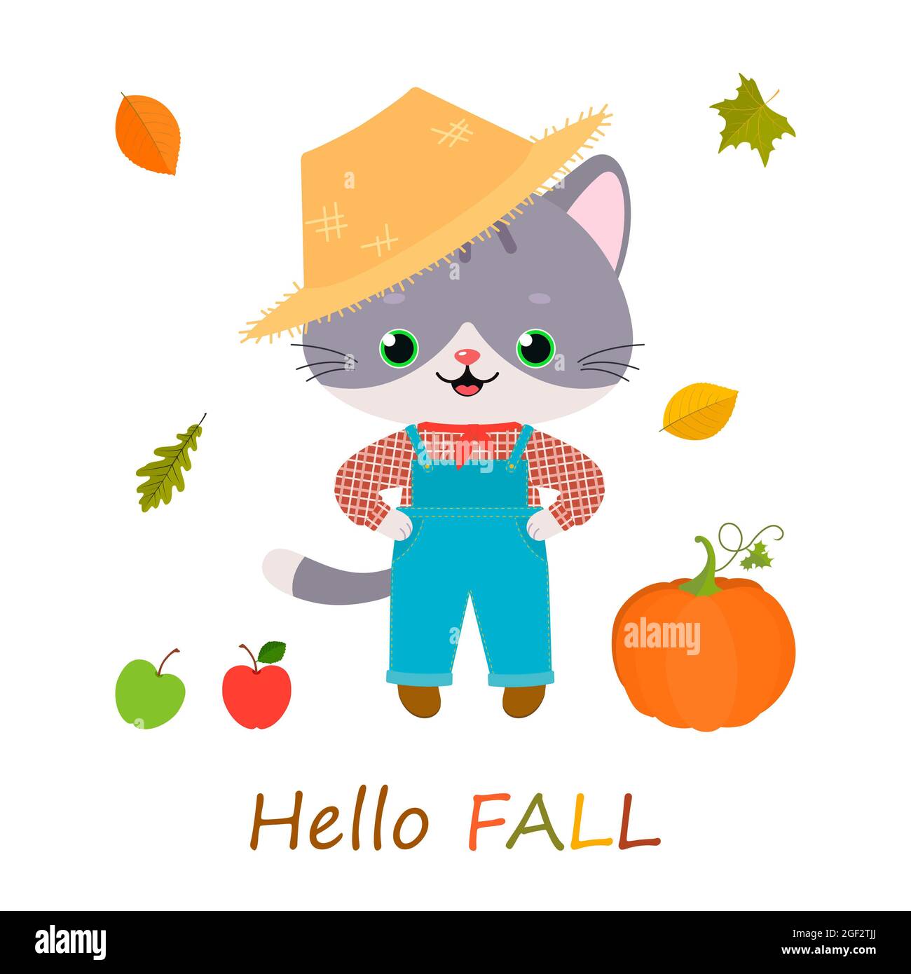 Cute cat and harvest. Greeting card Hello Fall! Cartoon flat style ...