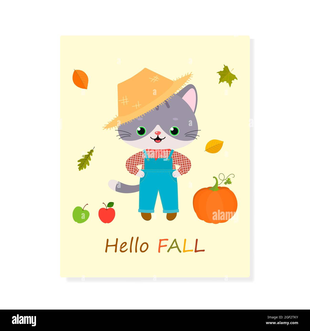 Cute cat and harvest. Greeting card Hello Fall! Cartoon flat style ...