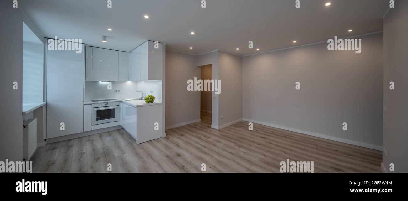 Modern interior of luxury studio apartment after renovation. White ...