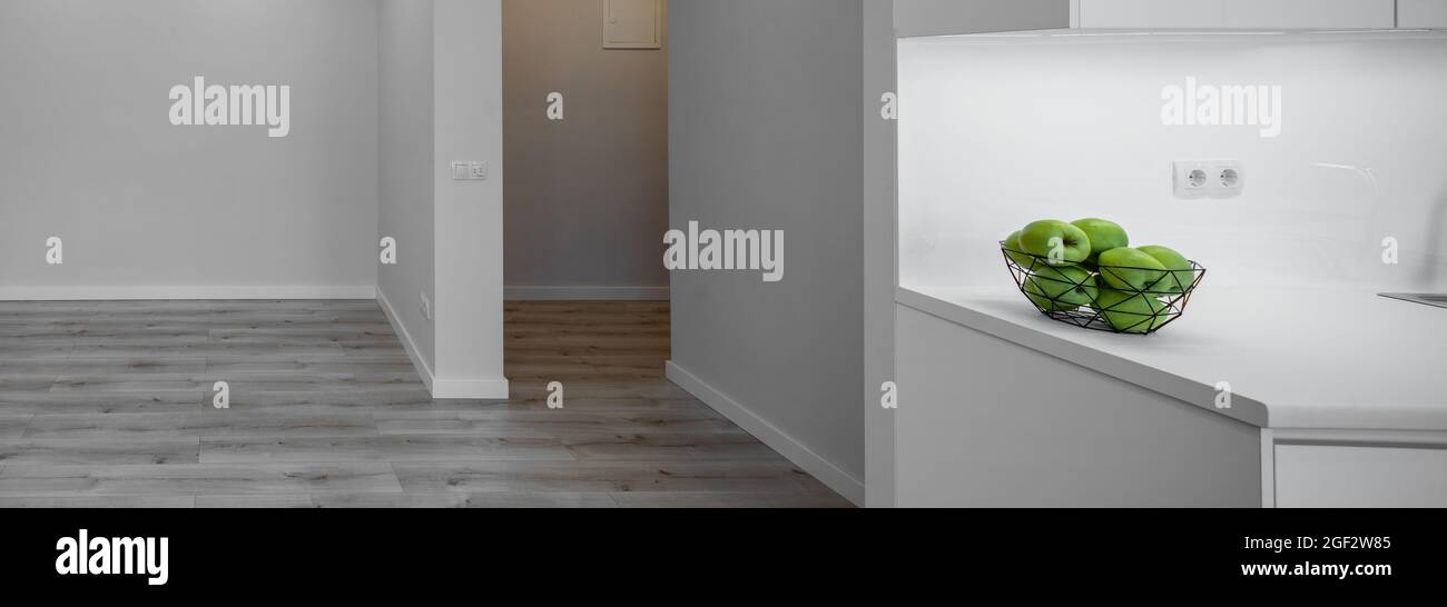 Modern light interior of new studio apartment after renovation. Room ...
