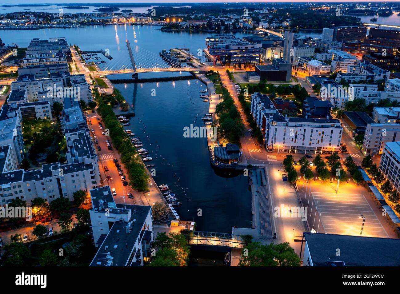 Aerial view of the Ruoholahti channel on a summer night, Helsinki ...