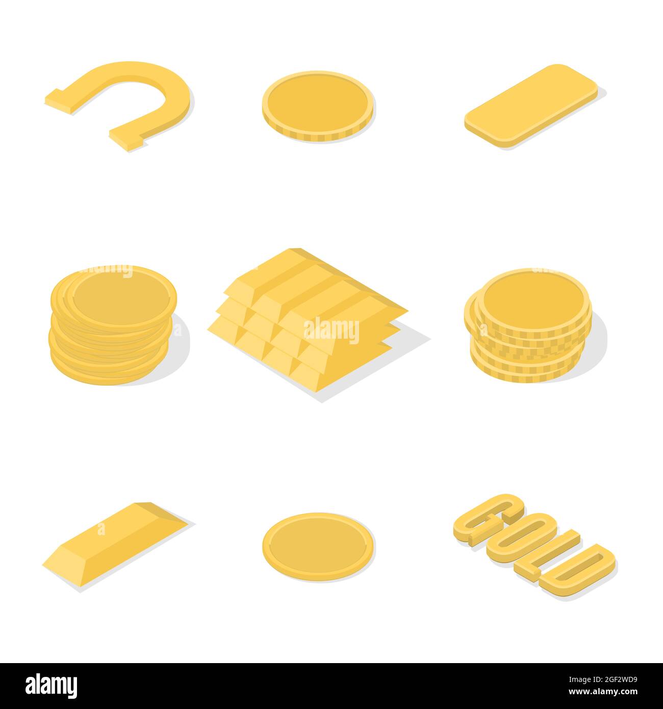 Set of various gold products. Flat 3D isometric style, vector ...