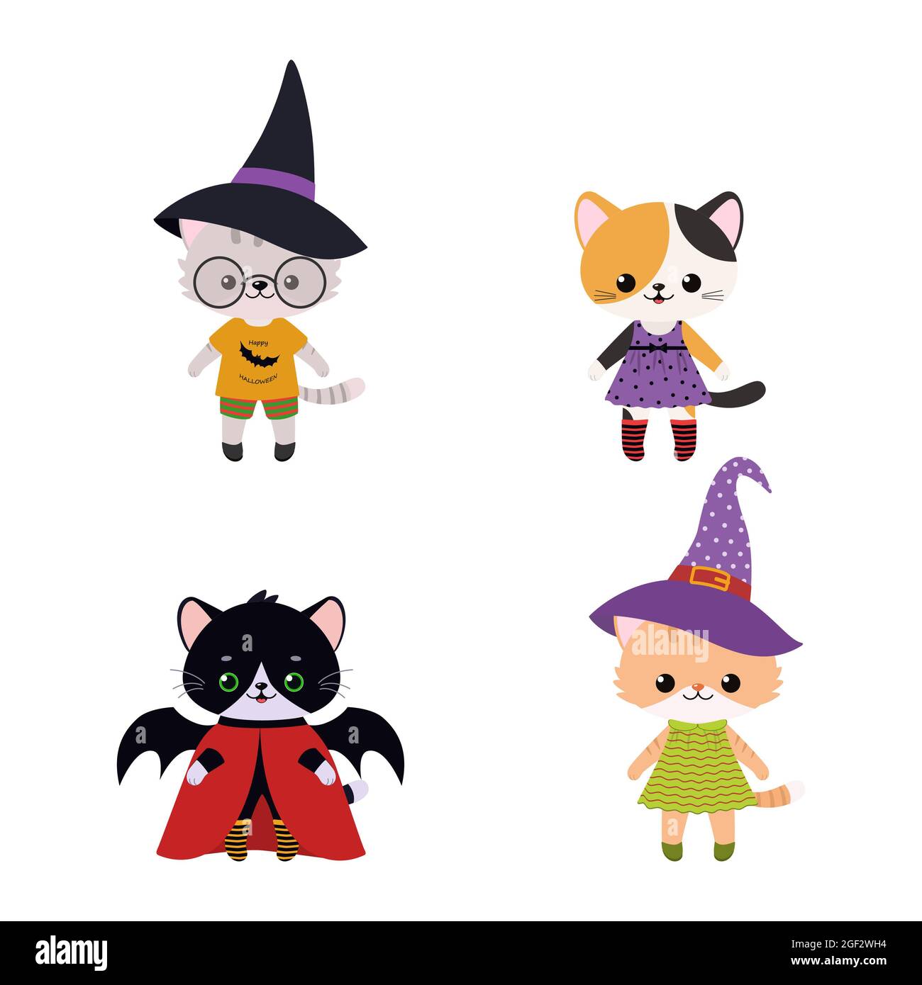 Set of cute kawaii cats in costume for Halloween. Cartoon flat style ...