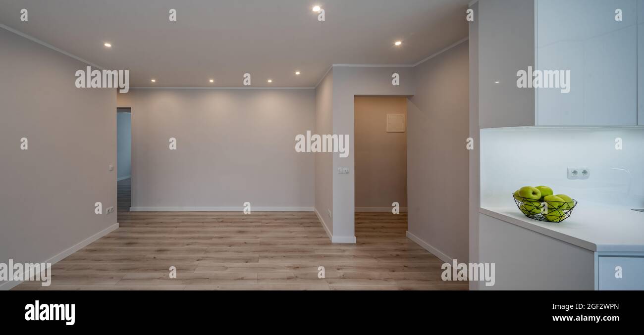 Modern light interior of new studio apartment after renovation. Room ...