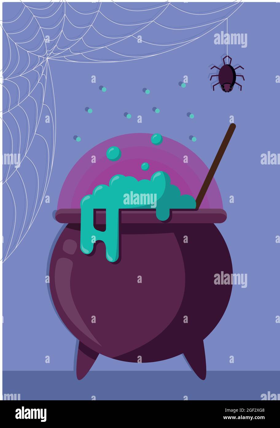 Cartoon illustration of a pot with strange poison and spider on his web ...