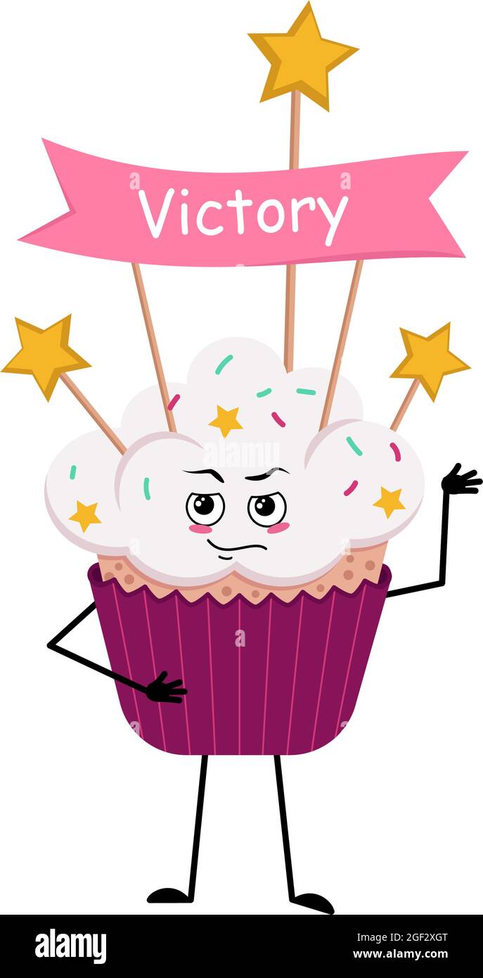 Cute cupcake character with emotions of a hero, a brave face, arms and ...