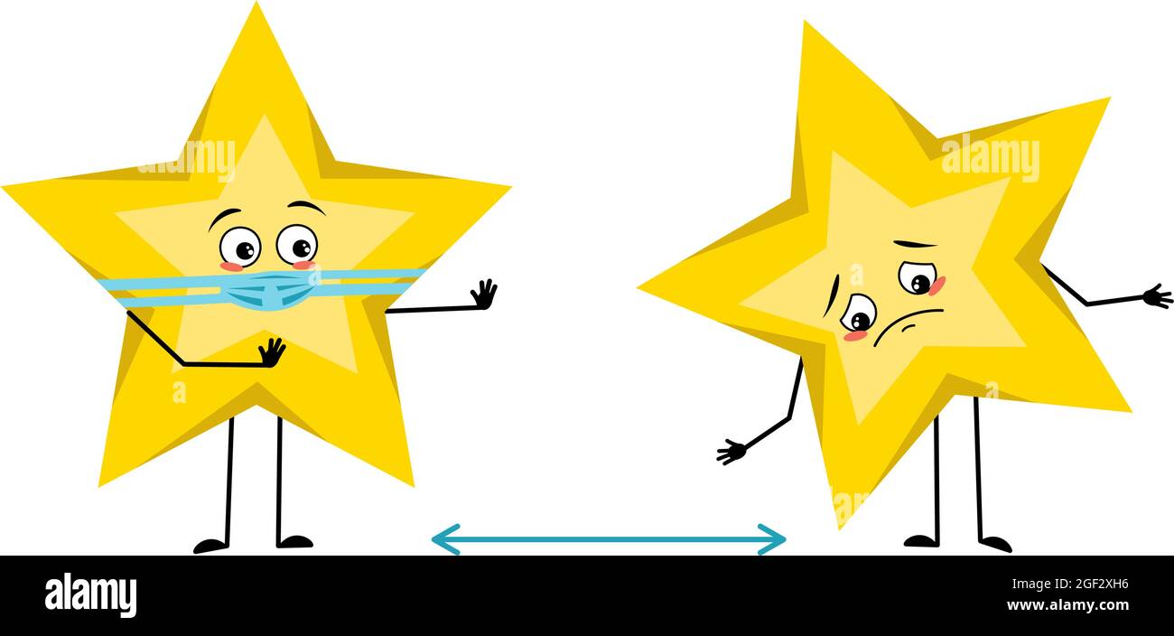 Cute star character with sad emotions, face and mask keep distance ...