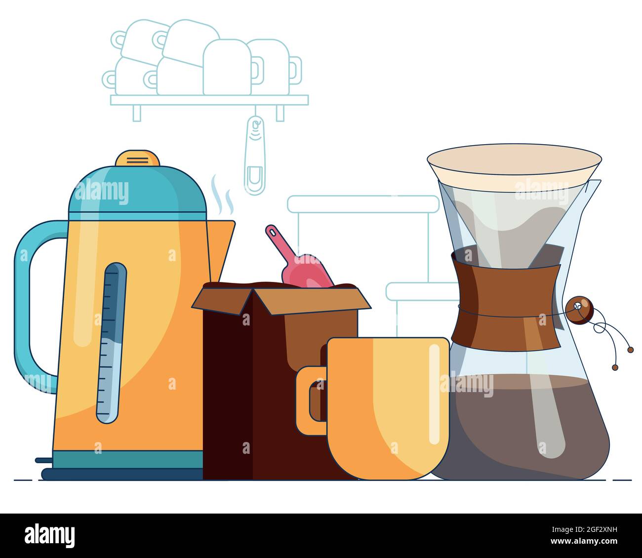 Mug with hot coffee, jug and filter bag, box with coffee and electric ...