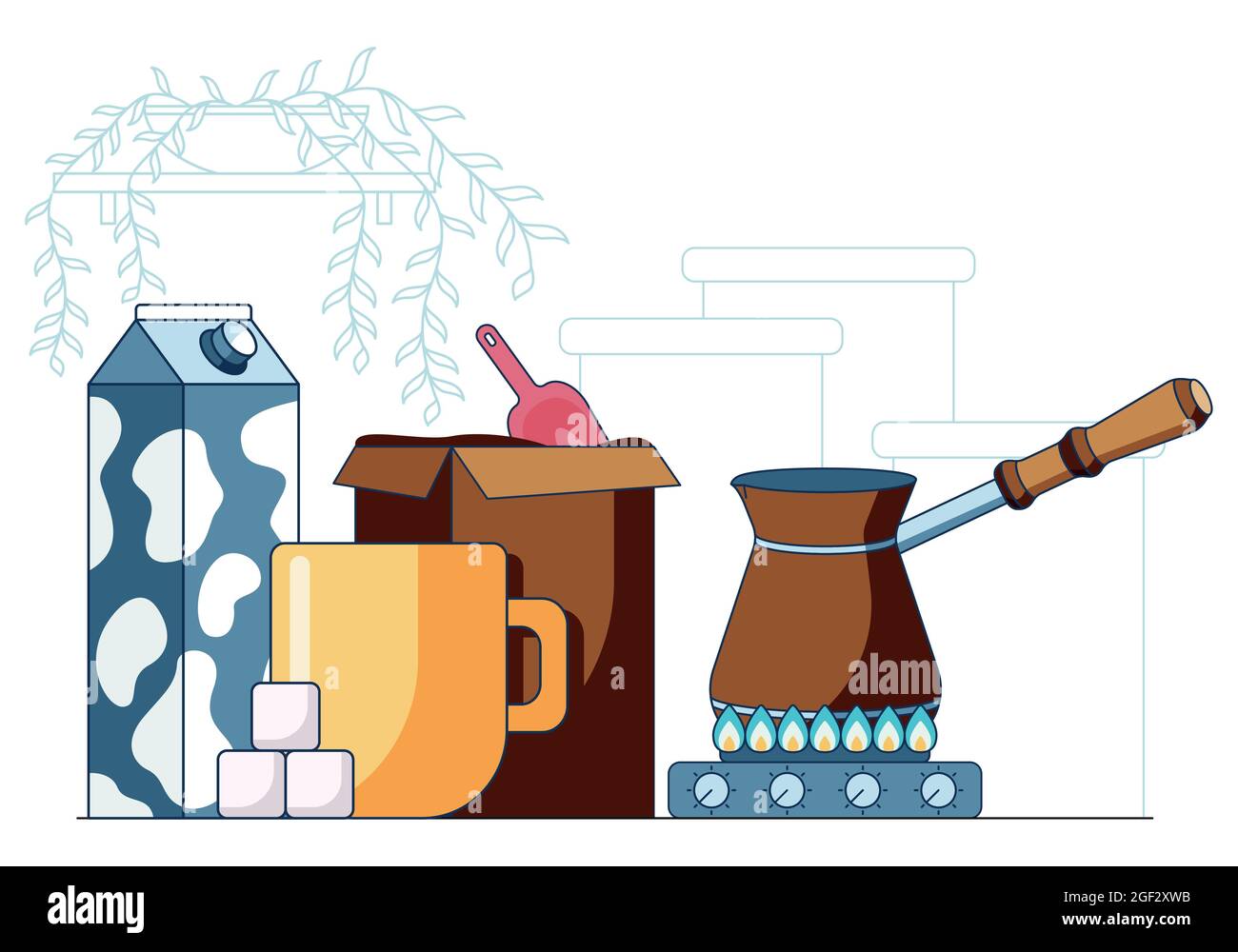 Cartoon vector illustration in a flat style of coffee cezve on gas ...