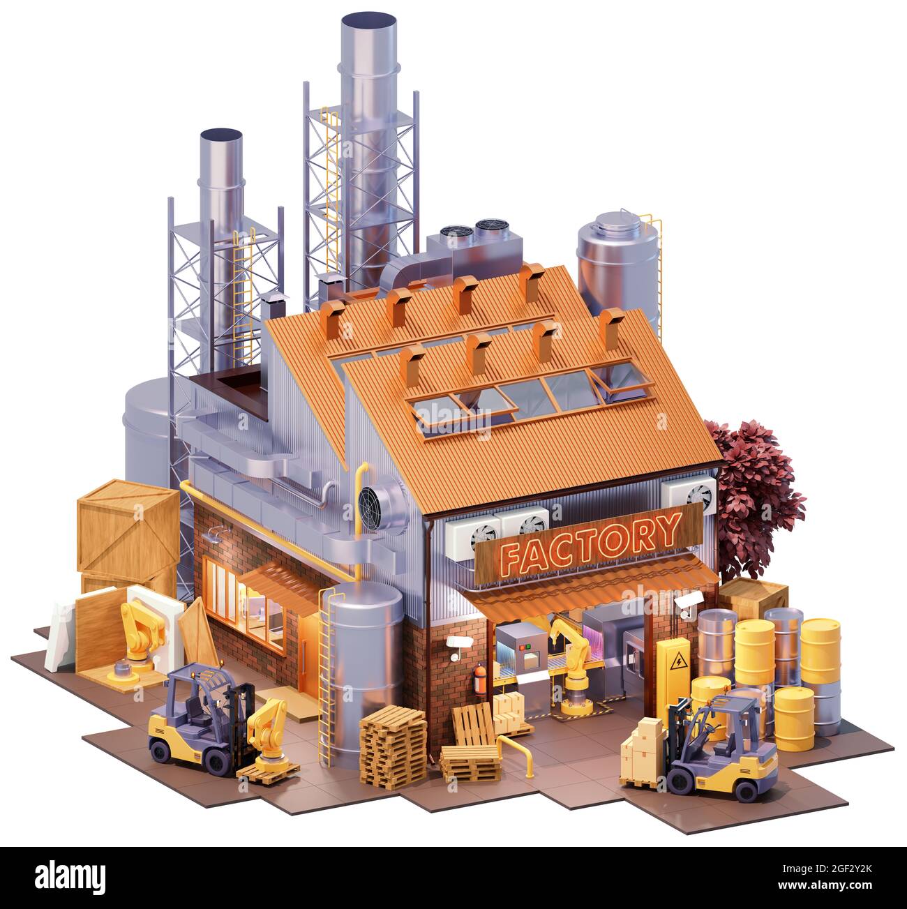 Factory building with robots and conveyor. Plant with smokestack, air ...