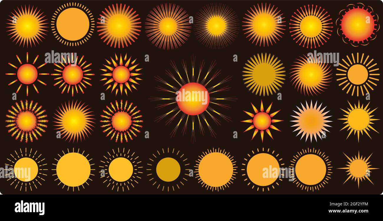 A set of isolated icons and shapes showing the sun in different colors ...