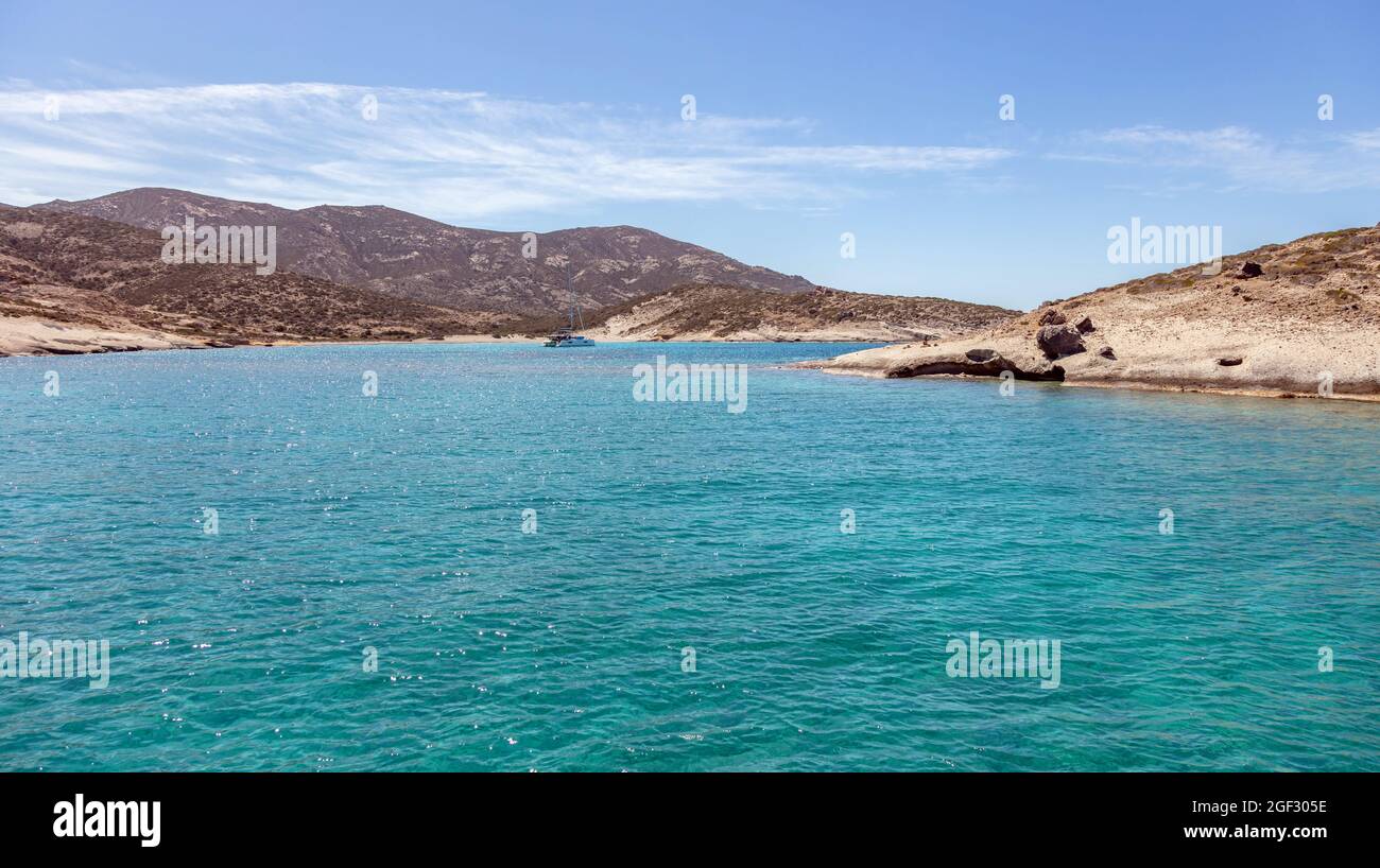 Polyaigos island volcanic rocks formations and beach nature. Luxury ...