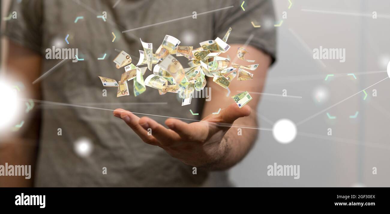 Person holding a 3D render of floating euro banknotes in a network ...