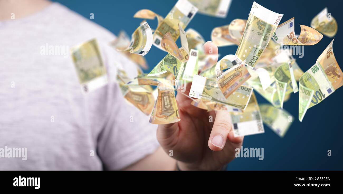 Person pointing to a 3D render of floating euro banknotes Stock Photo ...