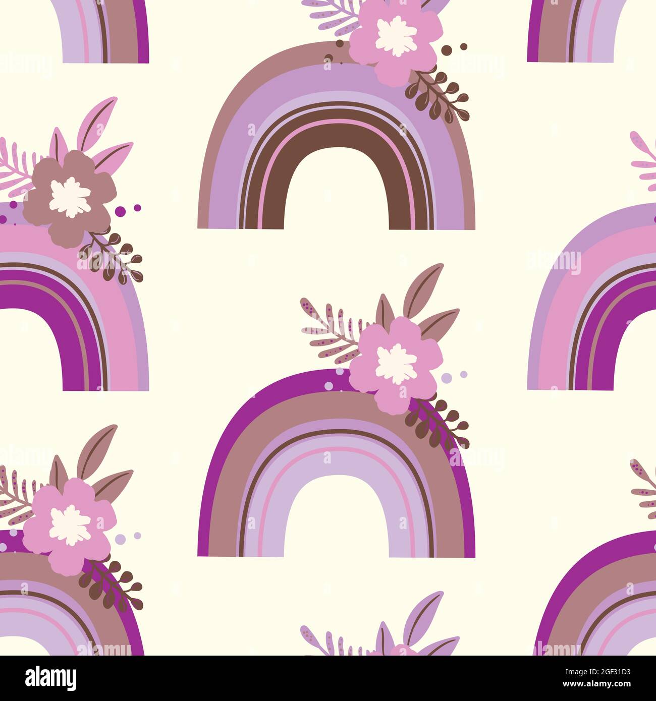 Trendy seamless pattern with colorful rainbow, flowers on color ...