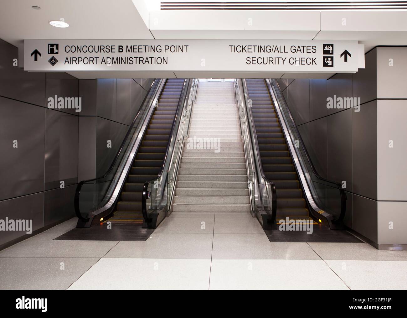 A pair of escalators and information signs Stock Photo - Alamy