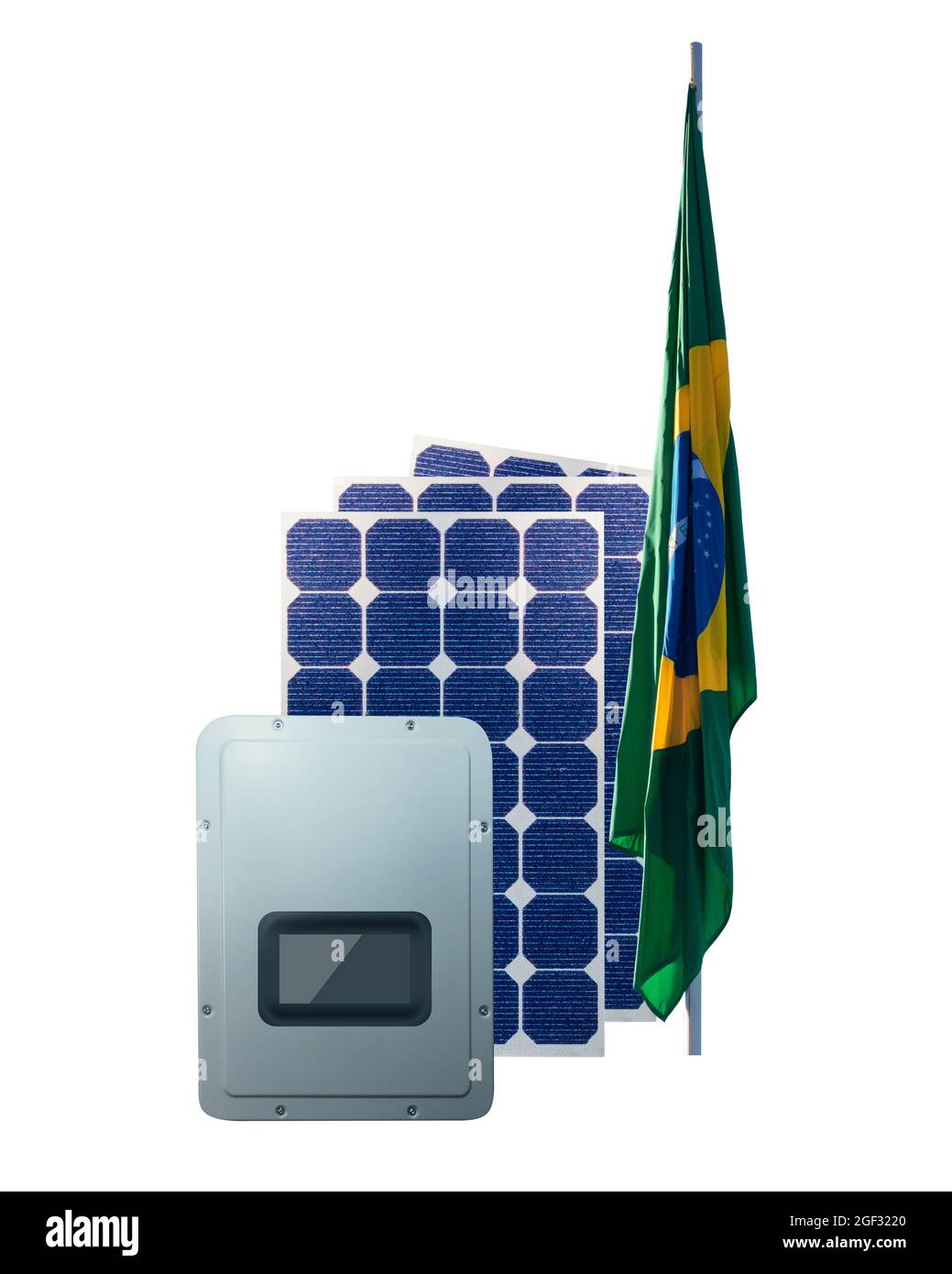 Solar photovoltaic panels, inversor and Brazil Flag isolated on white ...
