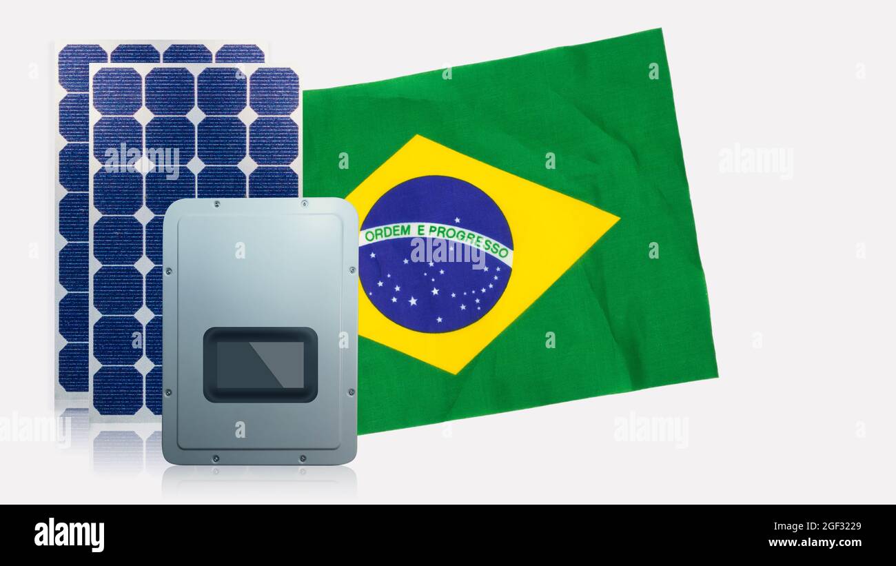 Solar photovoltaic panels, inversor and Brazil Flag isolated on white ...