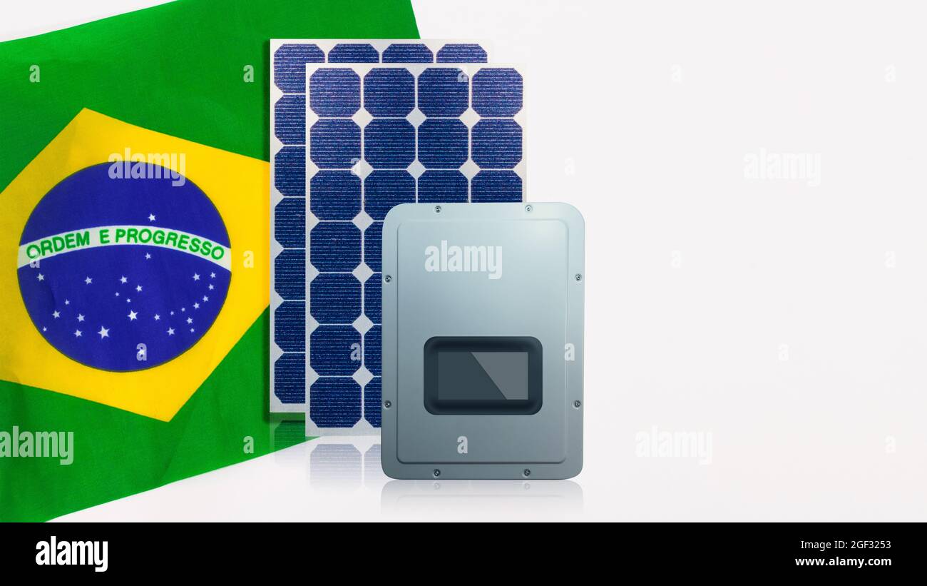 Solar photovoltaic panels, inversor and Brazil Flag isolated on white ...