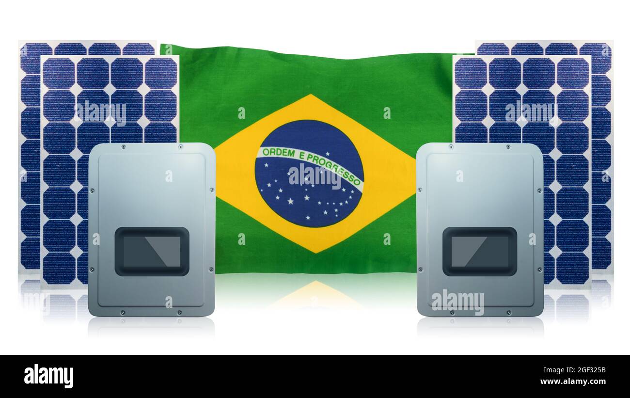Solar photovoltaic panels, inversor and Brazil Flag isolated on white ...