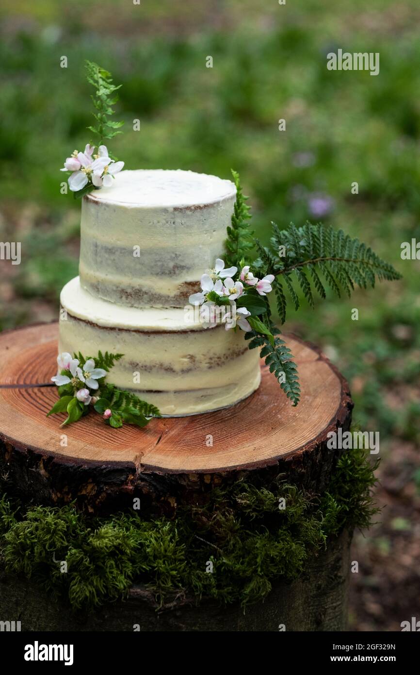 Cake with flower decorations for an outdoor ceremony Stock Photo - Alamy